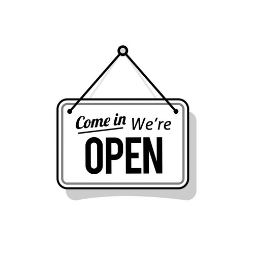 Come In We're Open Sign In Black And White Color, Outline Line Design ...