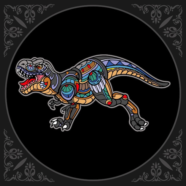 Vibrant Tribal Dinosaur Illustration on Dark Background | Jiffy Designs