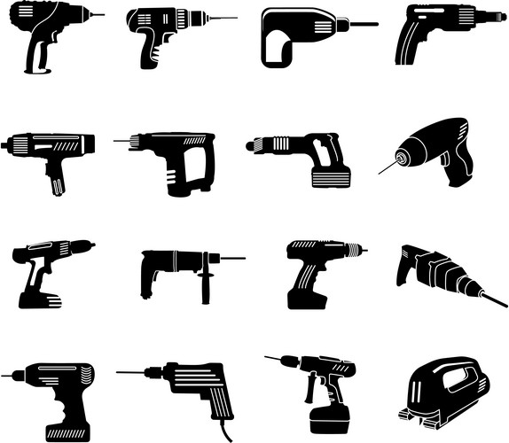 Power Tools Icons Set In Black. | Jiffy Designs