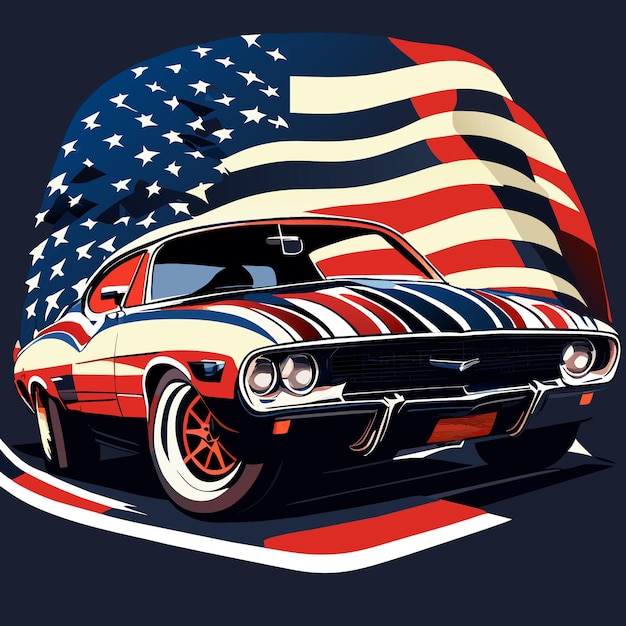 Patriotic American Muscle Car on Waving Flag Background | Jiffy Designs