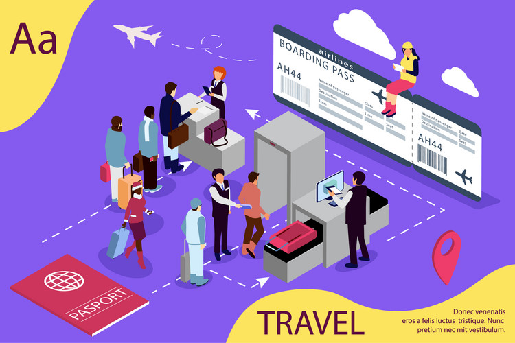 Airport Isometric Travel Concept With Reception And Passport Check Desk ...