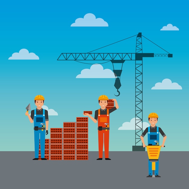 Construction Workers Building Site with Crane and Bricks | Jiffy Designs