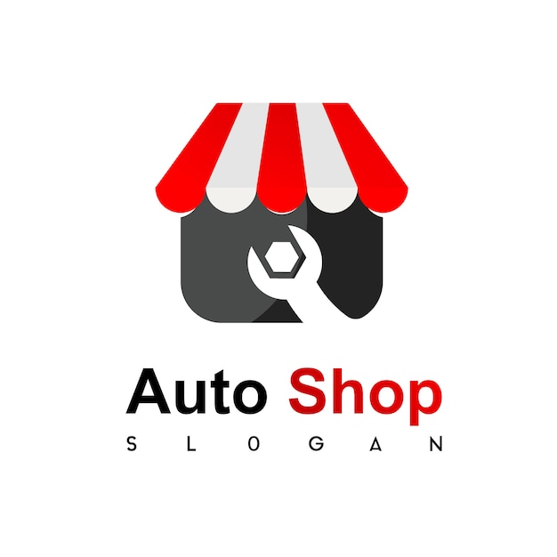 Stylized Automotive Repair Shop Logo with Striped Awning | Jiffy Designs