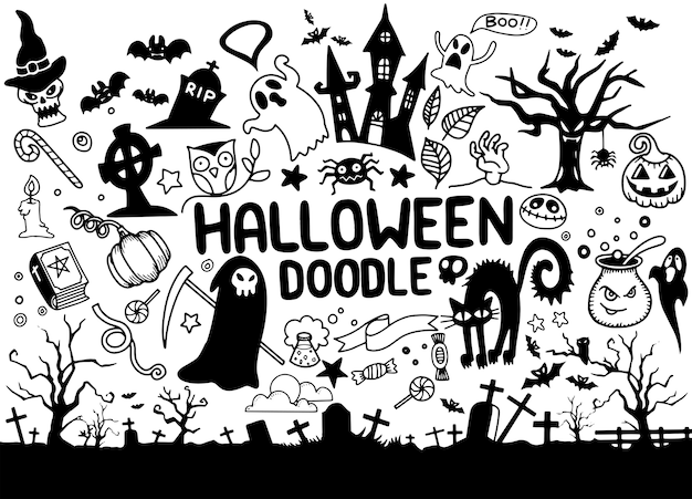 Spooky Halloween Doodle Art with Ghosts, Bats, and Pumpkins | Jiffy Designs