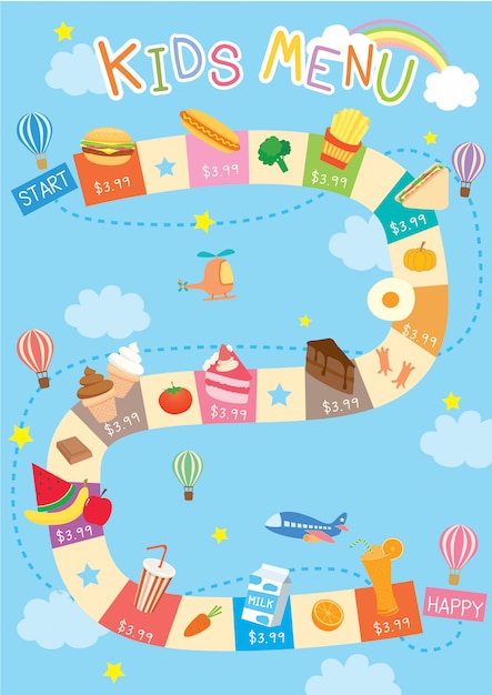 Colorful Kids Menu Illustration with Food and Fun Elements | Jiffy Designs