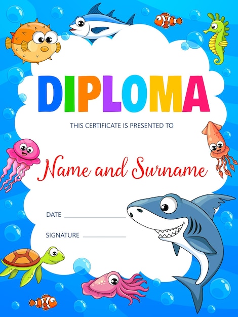 Vibrant Underwater Diploma Featuring Adorable Marine Life | Jiffy Designs