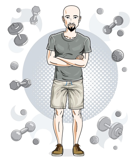 Muscular Man Amid Weightlifting Equipment in Grayscale Illustration ...