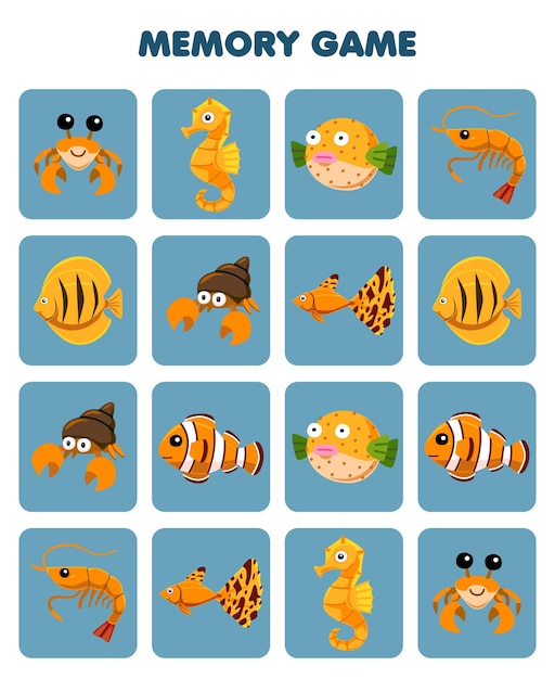 Vibrant Sea Creature Memory Game with Whimsical Cartoon Icons | Jiffy ...