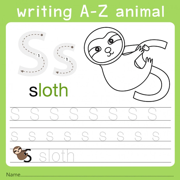 Sloth Writing Practice Sheet with Cartoon Illustration | Jiffy Designs