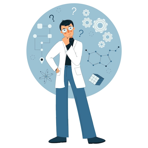 Curious Scientist Surrounded by Symbols of Discovery | Jiffy Designs