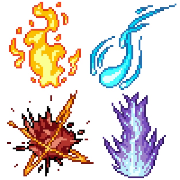 Vibrant Pixel Art Depicting Elemental Flames, Water, and Explosions ...