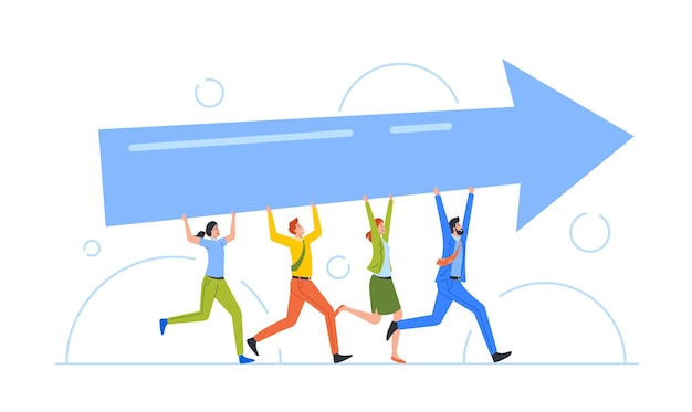 Cheerful People Pushing a Large Arrow Forward Together | Jiffy Designs