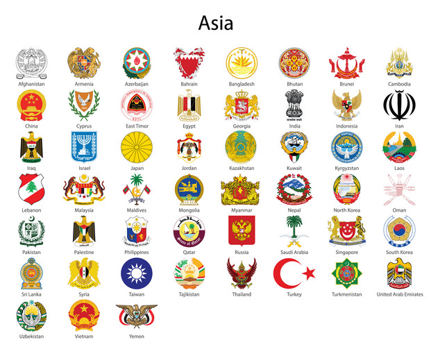 Set Coat Of Arms Of The Countries Of Asia, All Asian Regions Emblem ...