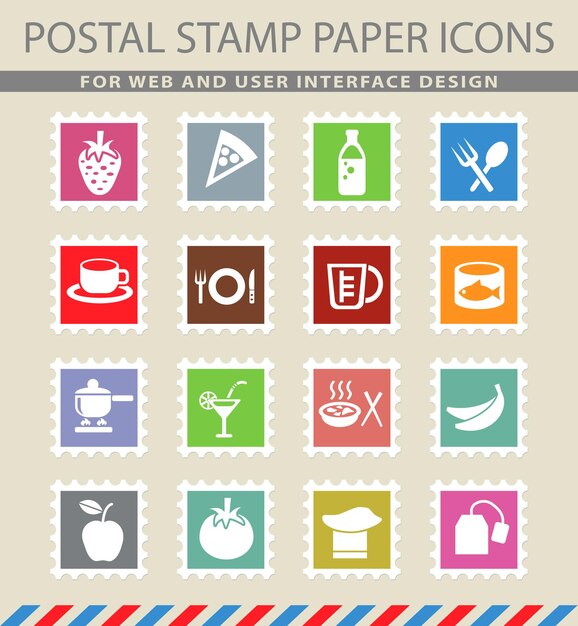 Vibrant Collection of Postal Stamp-Inspired Food and Drink Icons ...