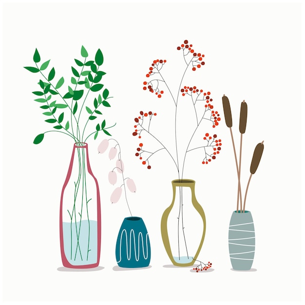 Botanical Vases with Vibrant Stems and Leaves Illustration | Jiffy Designs