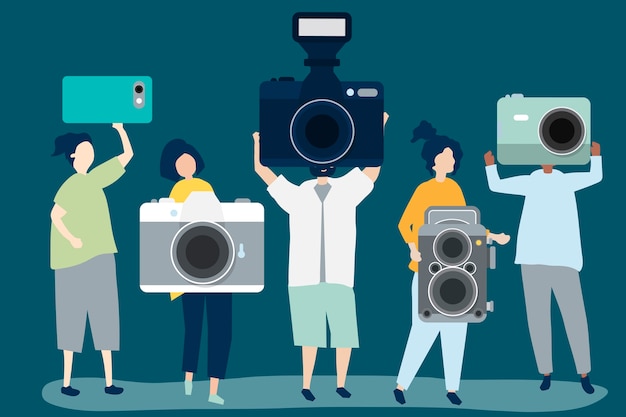 Group of People Holding Oversized Camera Icons and Accessories | Jiffy ...