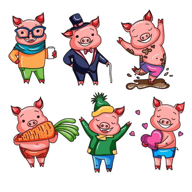 Charming Collection of Whimsical Pig Characters in Diverse Outfits ...