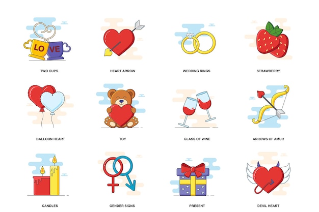 Charming Symbols of Love and Romance in Vibrant Illustration Collection ...