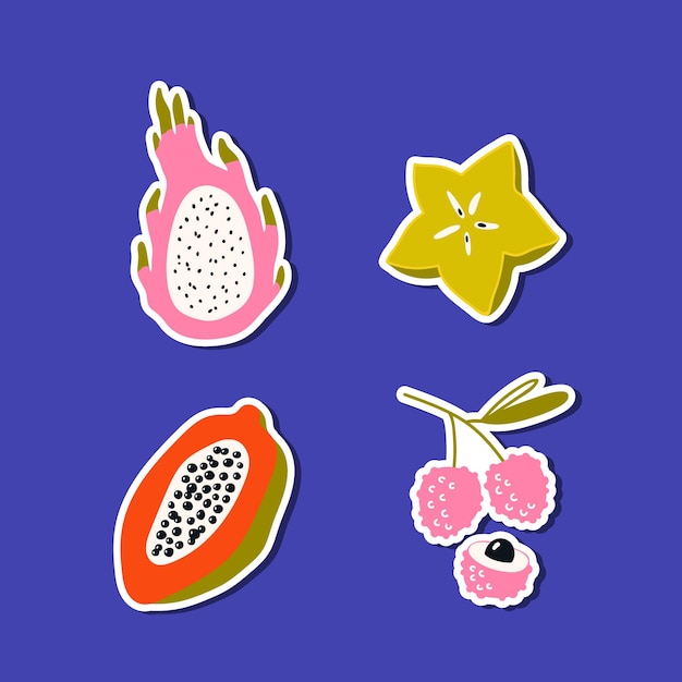 Vibrant Tropical Fruit Sticker Collection on Purple Background | Jiffy ...