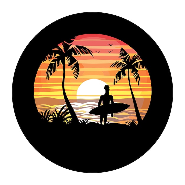 Surfer Silhouette at Sunset with Palm Trees | Jiffy Designs
