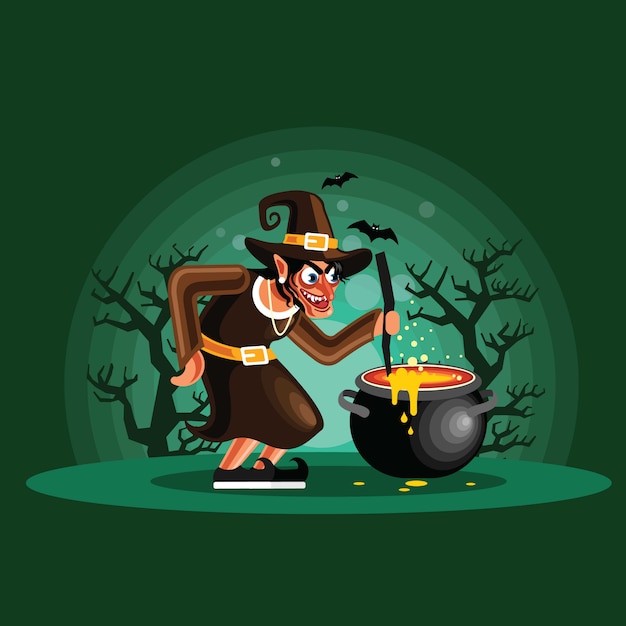 Whimsical Witch Brewing Potion in Spooky Forest Scene | Jiffy Designs