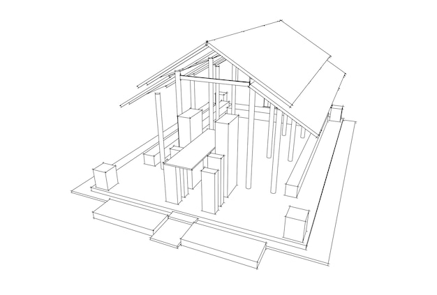 Wireframe Architectural Drawing of a Modern Residential Structure ...