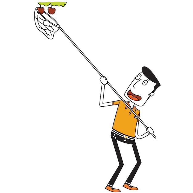 Whimsical Cartoon Character Reaching for Floating Apples | Jiffy Designs