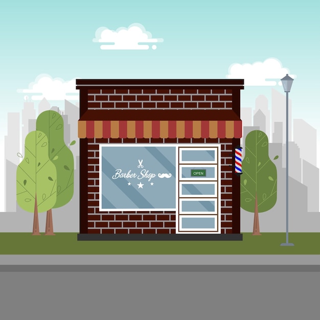 Cozy Brick Storefront with Striped Awning and Trees | Jiffy Designs