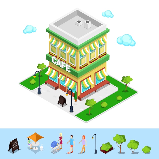 Charming Isometric Cafe Building with Vibrant Exterior | Jiffy Designs