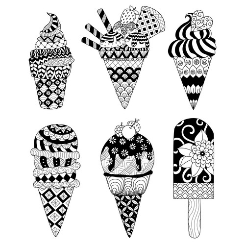 Zentangle-Inspired Of Six Ice Cream For Design Element, Printed Tee And ...