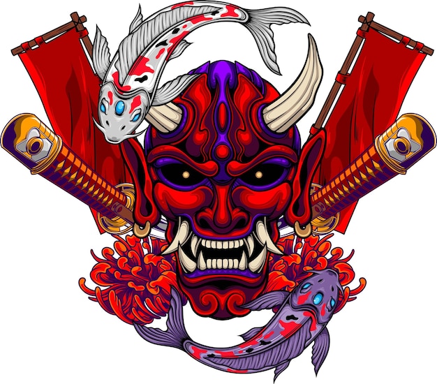 Fearsome Oni Mask with Ornate Horns and Vibrant Samurai Swords | Jiffy ...