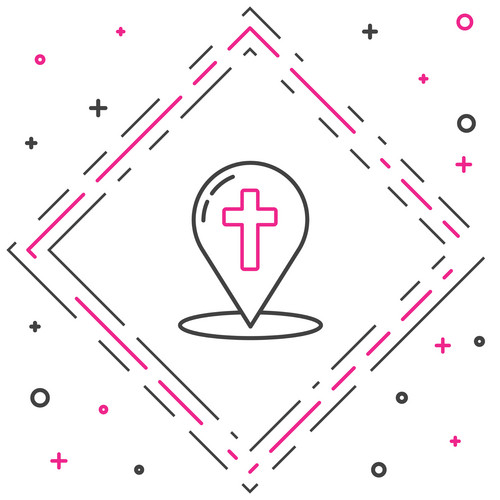 Line Map Pointer With Christian Cross Icon Isolated On White Background ...