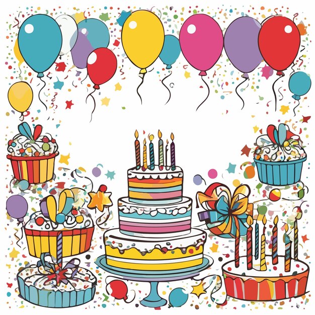 Vibrant Birthday Celebration with Cakes, Balloons, and Confetti | Jiffy ...