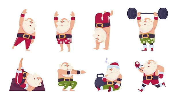 Diverse Collection of Whimsical Santa Claus Fitness Illustrations ...