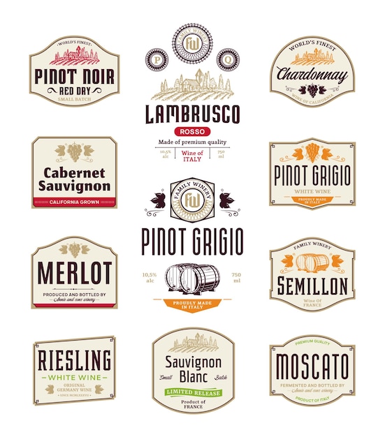 Diverse Wine Label Collection Featuring Iconic Grape Varietals | Jiffy ...