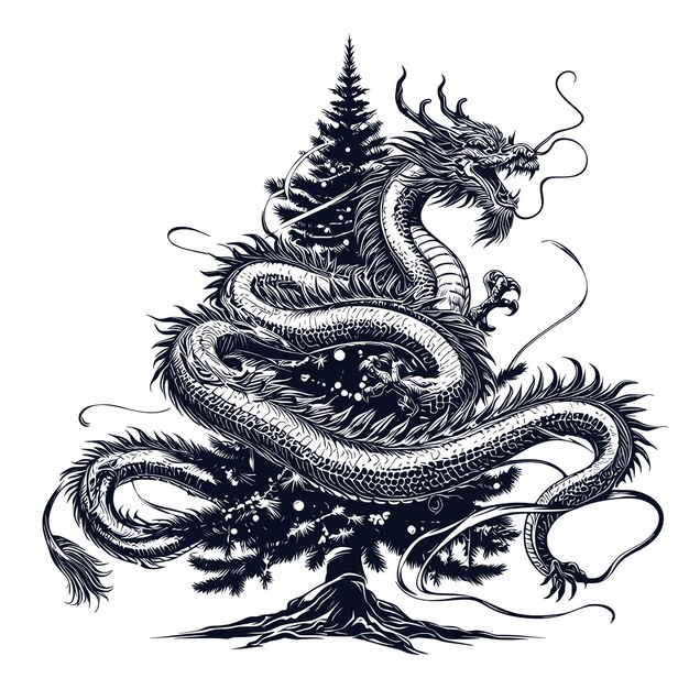 Majestic Dragon Guarding Evergreen Forest in Striking Monochrome ...
