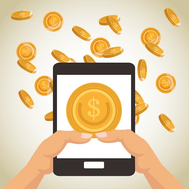 Tablet with Golden Coin Icons and Hand Illustration | Jiffy Designs