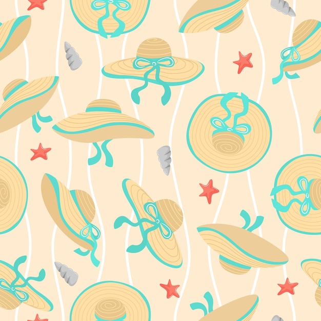 Vibrant Beach-Themed Seamless Pattern with Hats and Shells | Jiffy Designs