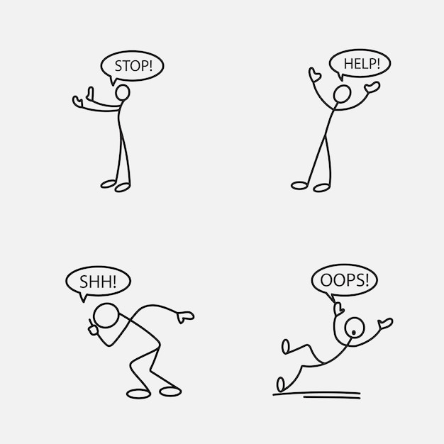 Playful Stick Figure Poses with Expressive Speech Bubbles | Jiffy Designs