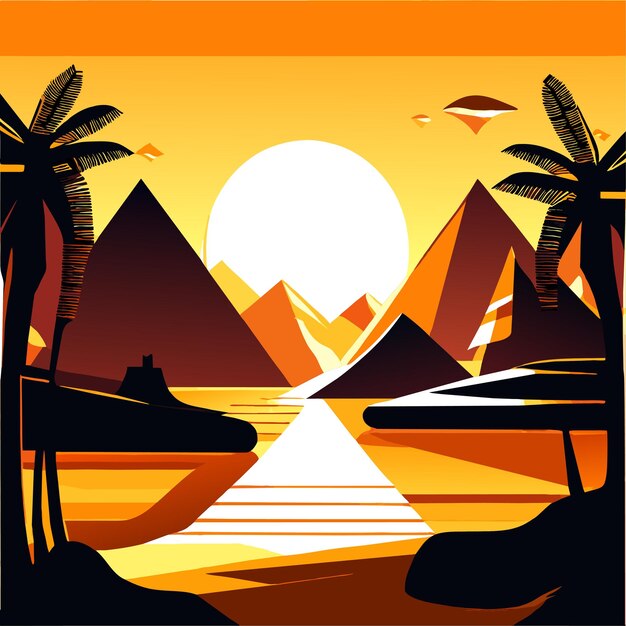 Serene Sunset Silhouette: Pyramids and Palms | Jiffy Designs