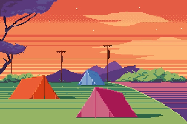 Vibrant Pixel Art Camping Scene at Sunset | Jiffy Designs