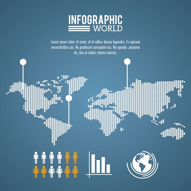 Pixelated World Map with Infographic Elements and Statistics Icons ...