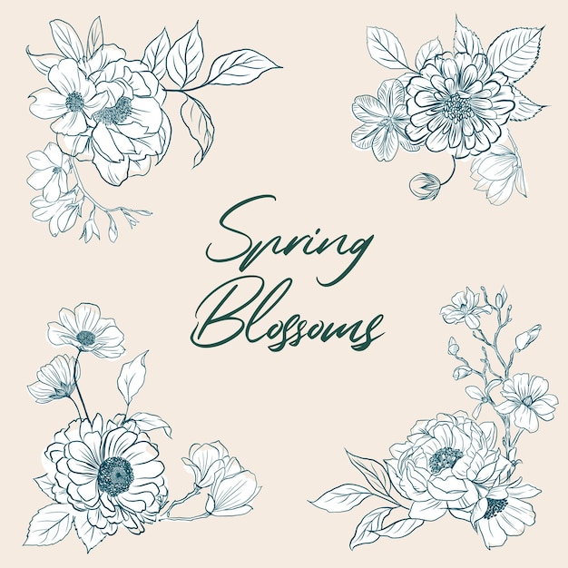 Delicate Blue Floral Sketches with 'Spring Blossoms' Calligraphy ...