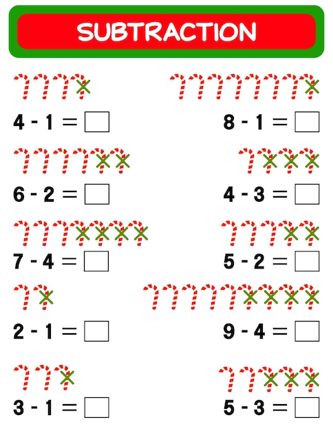 Subtraction Practice Collection with Candy Cane Visuals | Jiffy Designs