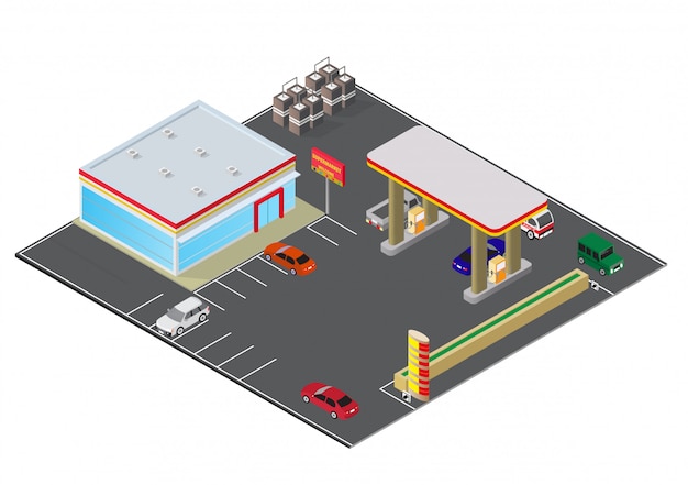 Vibrant Isometric Gas Station with Refueling Pumps and Convenience ...