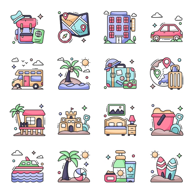 Vibrant Collection of Diverse Travel and Vacation Icons | Jiffy Designs