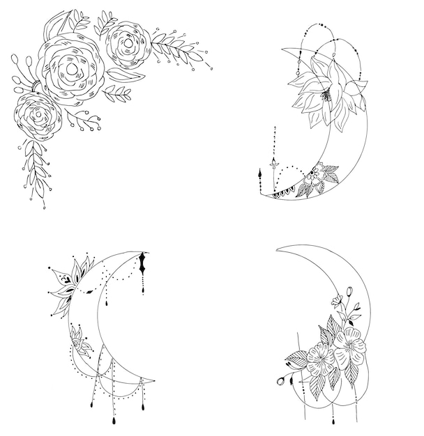 Floral Moon Phases Line Art Illustrations Collection | Jiffy Designs