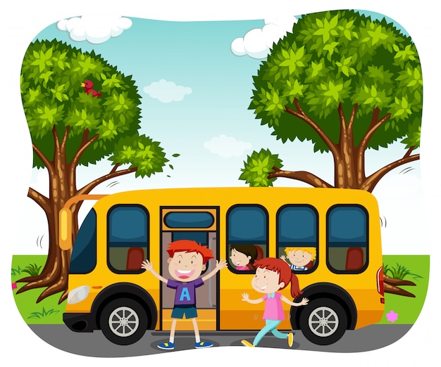 Cheerful Children Boarding a School Bus in Nature Scene | Jiffy Designs