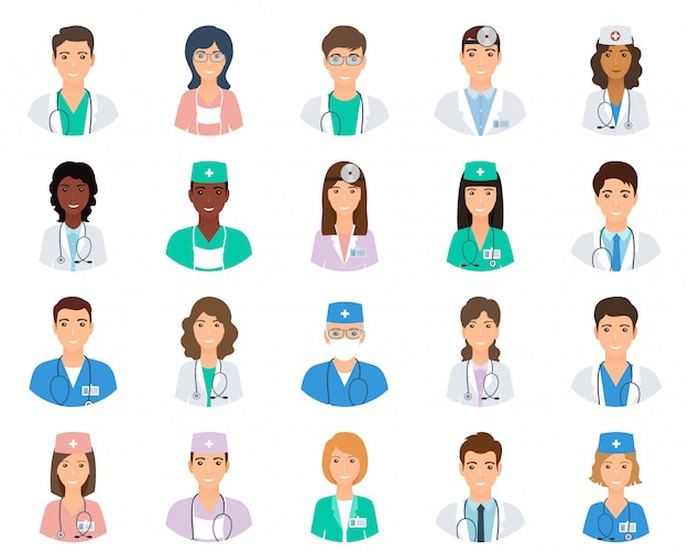 Set of doctors and nurses avatars in uniform. Collection of medicine ...