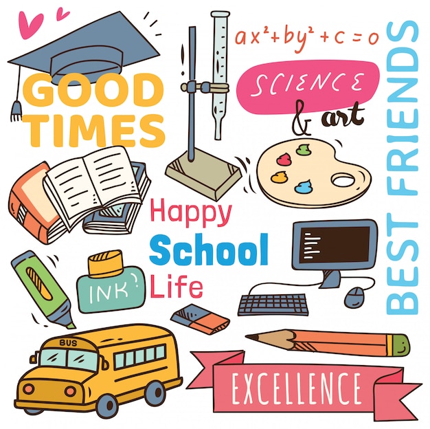 Colorful School Life Doodle with Stationery and Bus Illustration ...